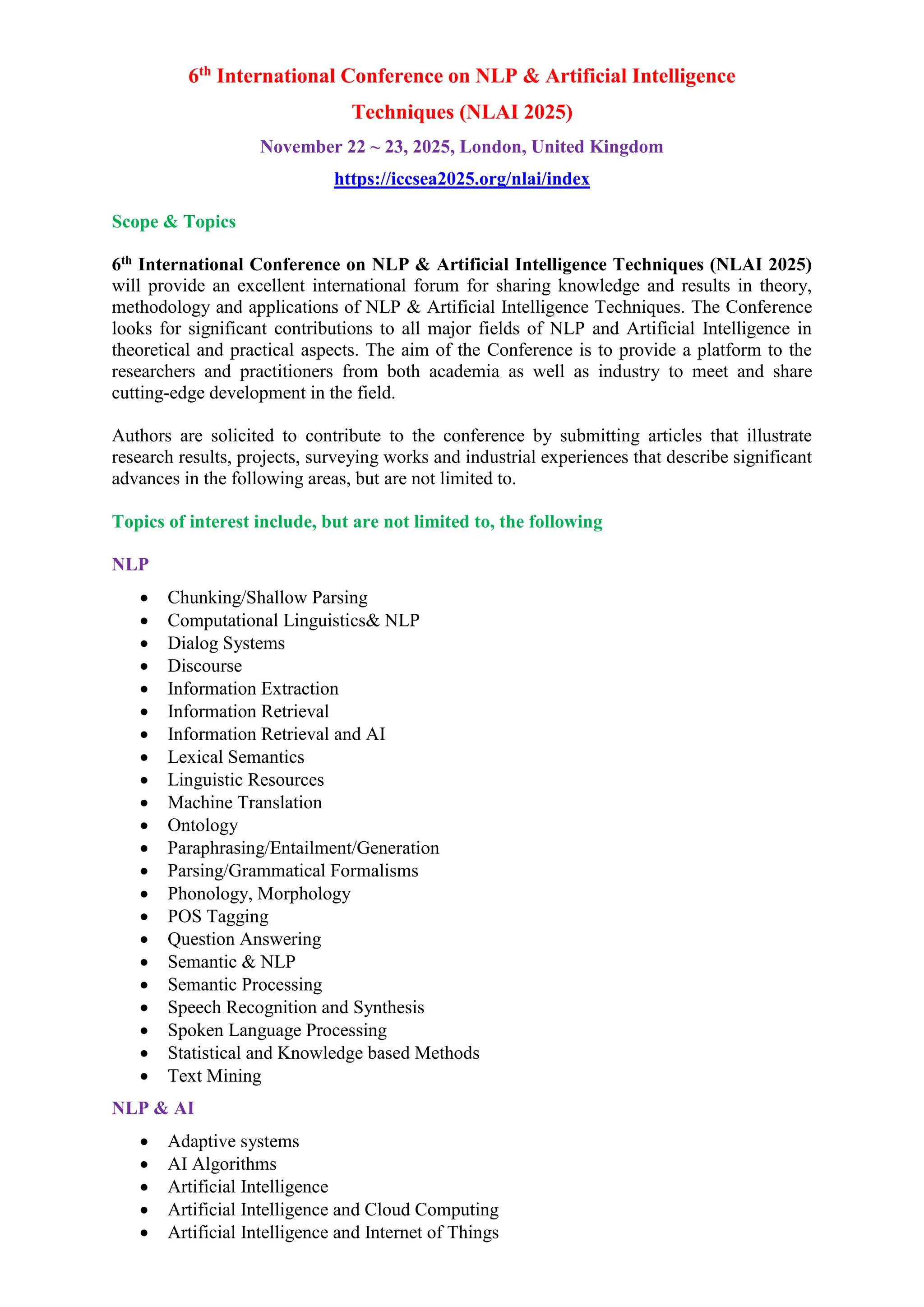 6th International Conference on NLP & Artificial Intelligence ...