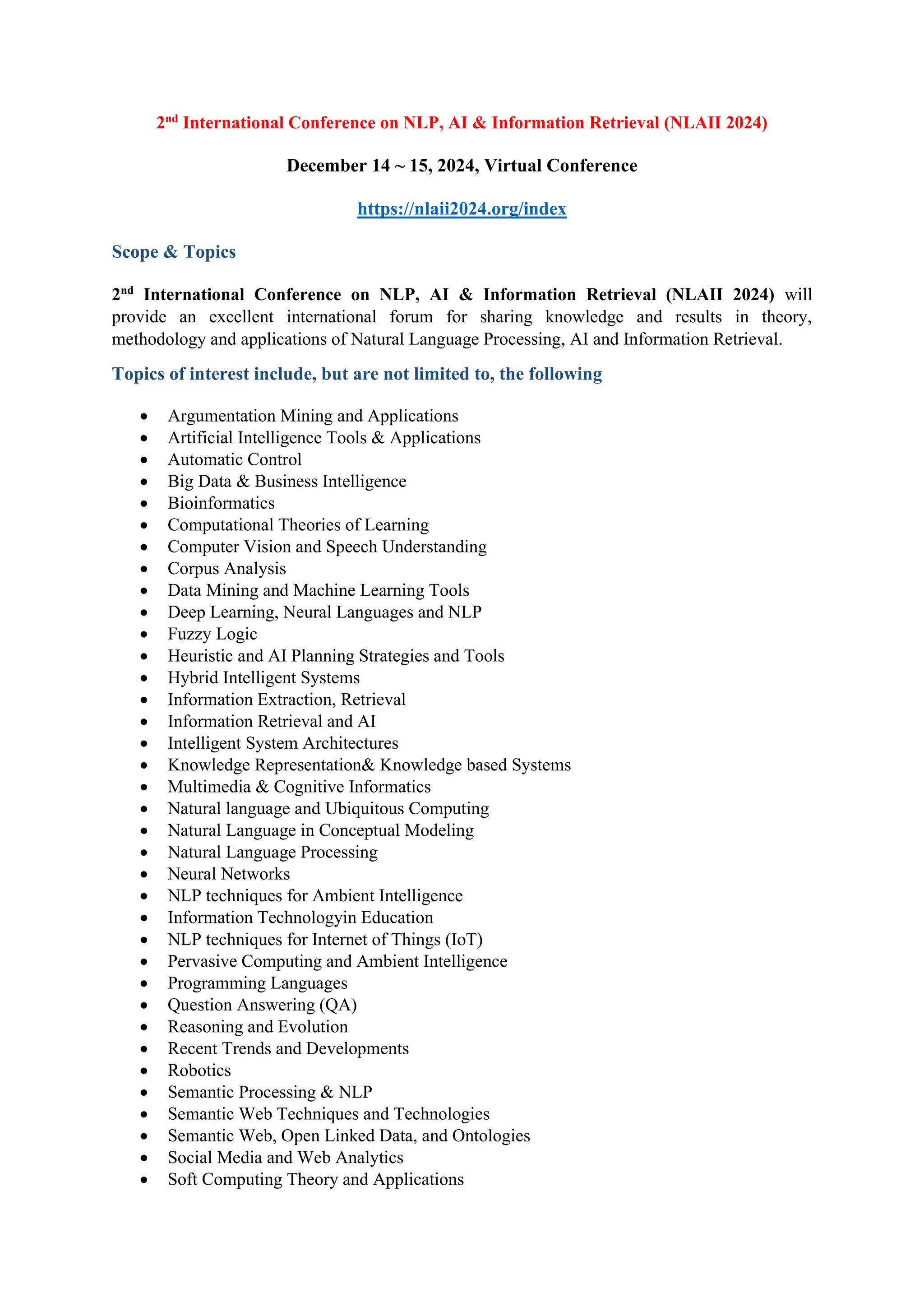 2nd International Conference on NLP, AI & Information Retrieval (NLAII ...