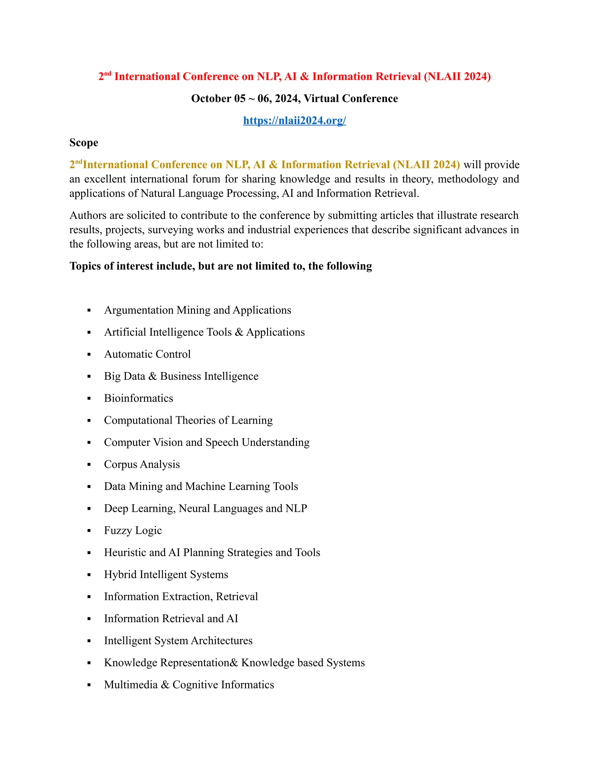 2nd International Conference on NLP, AI & Information Retrieval (NLAII 2024) | DOCX