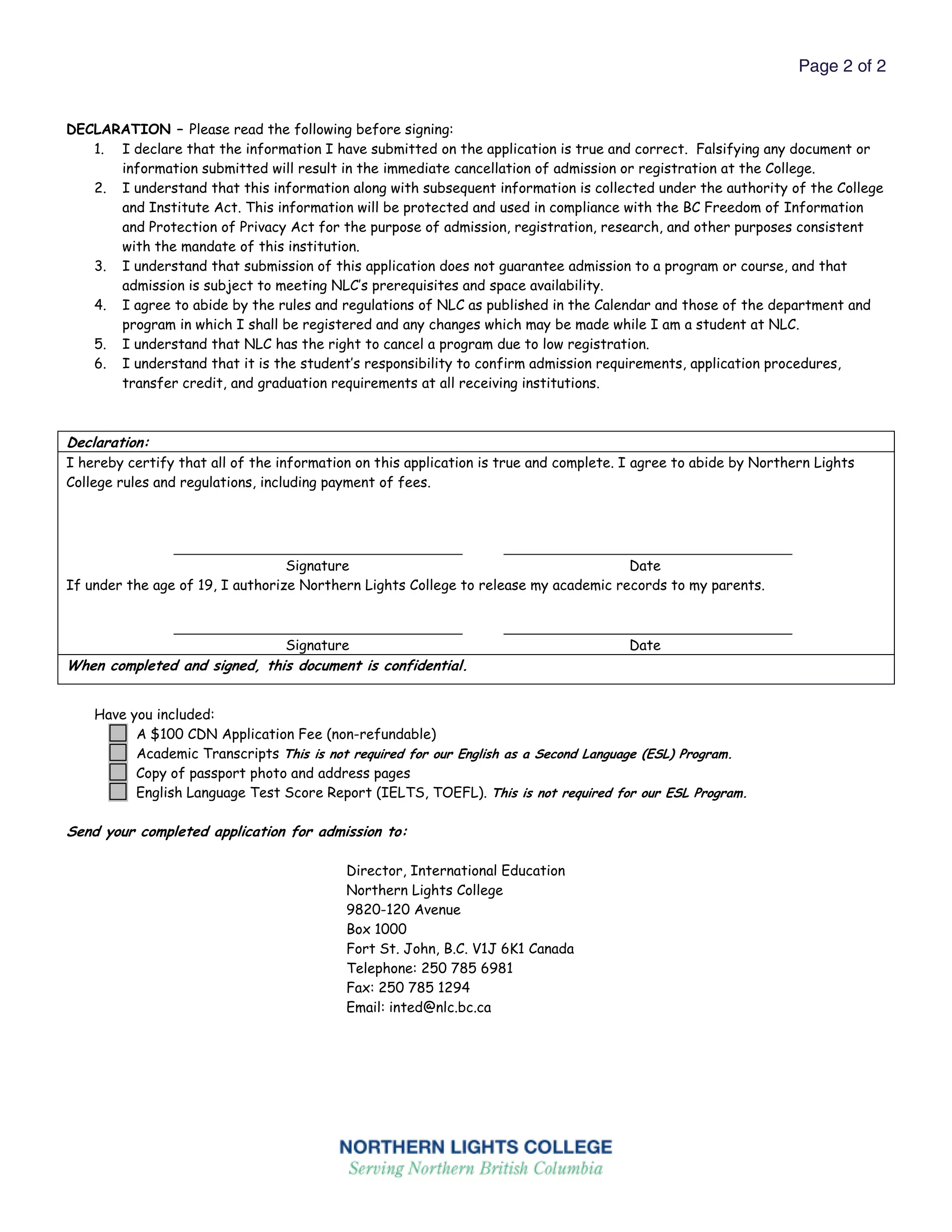 Northern Lights College Nlc international student application general | PDF