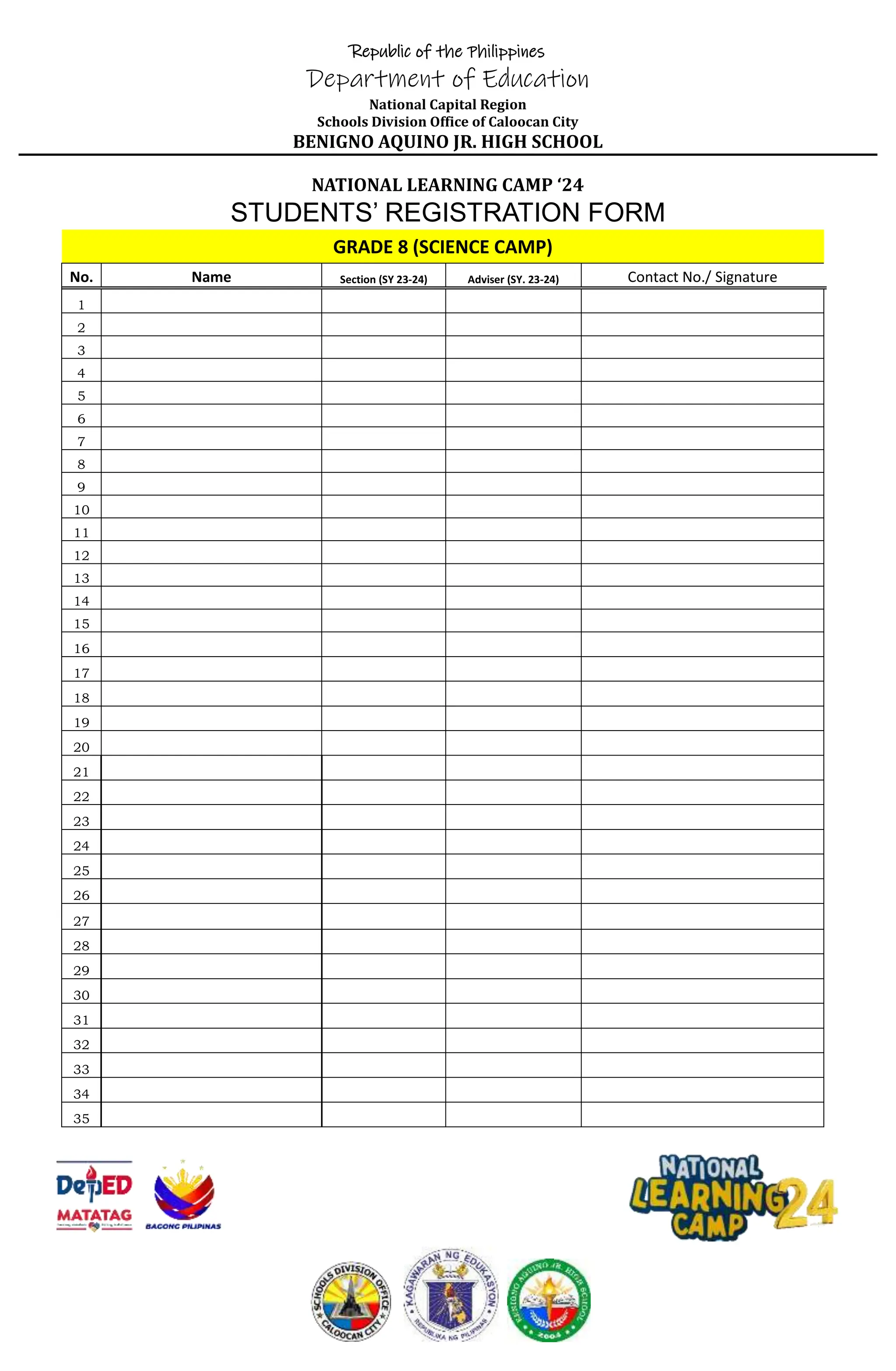 National Learning Camp School Registration Form | PDF