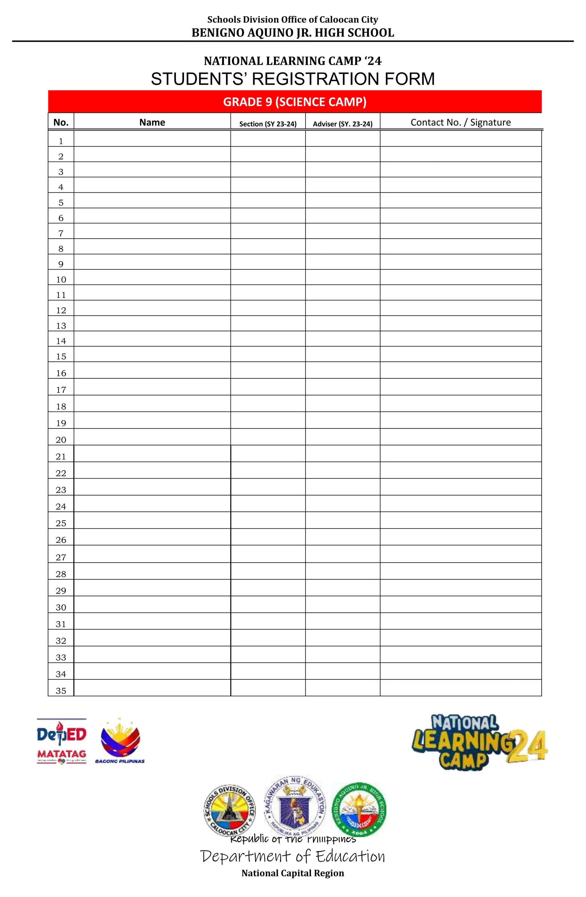 National Learning Camp School Registration Form | PDF