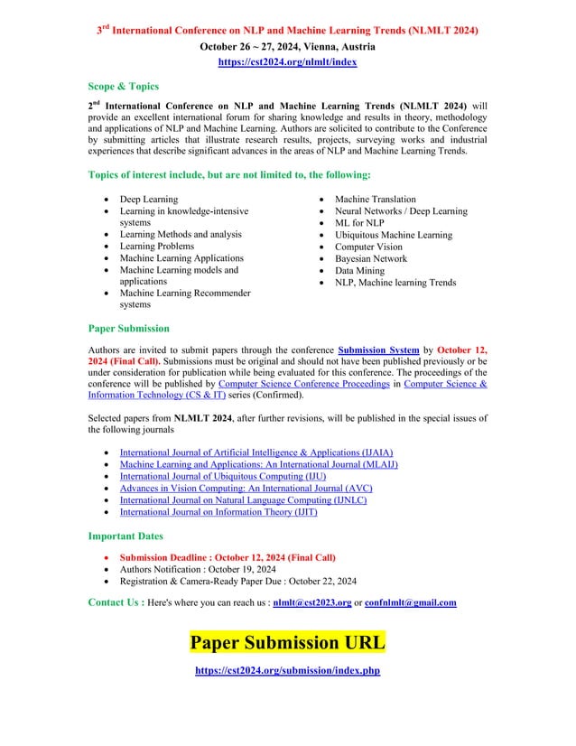 2nd International Conference on NLP and Machine Learning Trends (NLMLT 2024) | PDF | Artificial ...