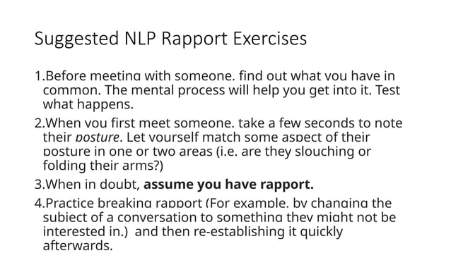 NLP- Rapport Building (LCOO).pptx******** | PPTX | Mental Health | Diseases and Conditions