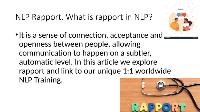 NLP- Rapport Building (LCOO).pptx******** | PPTX | Mental Health | Diseases and Conditions