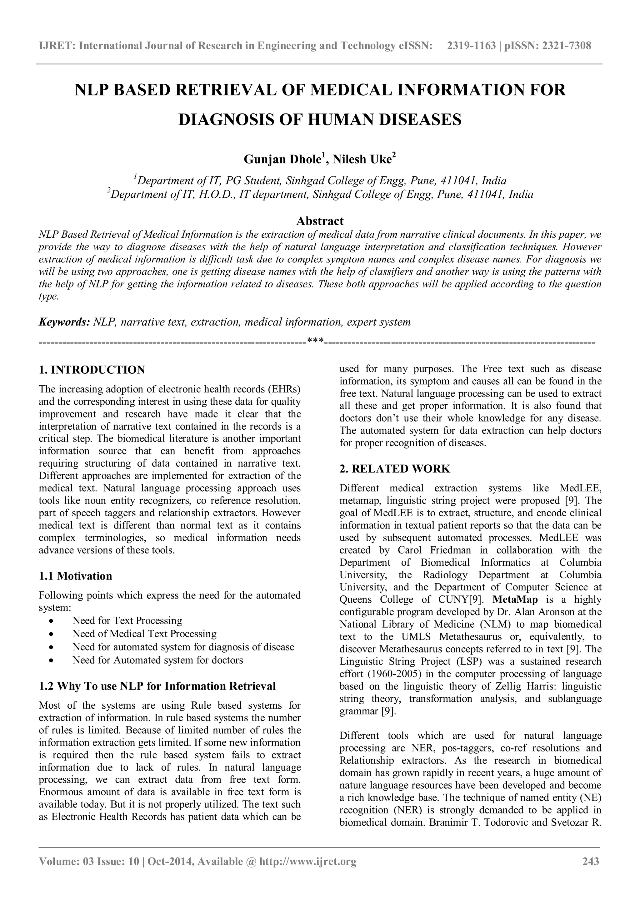 Nlp based retrieval of medical information for diagnosis of human ...