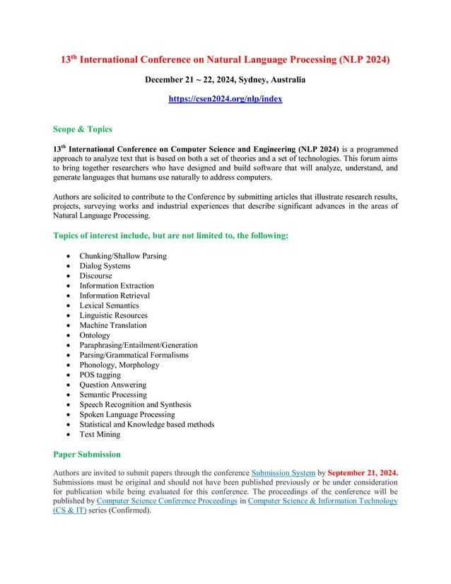 13th International Conference on Natural Language Processing (NLP 2024) | PDF