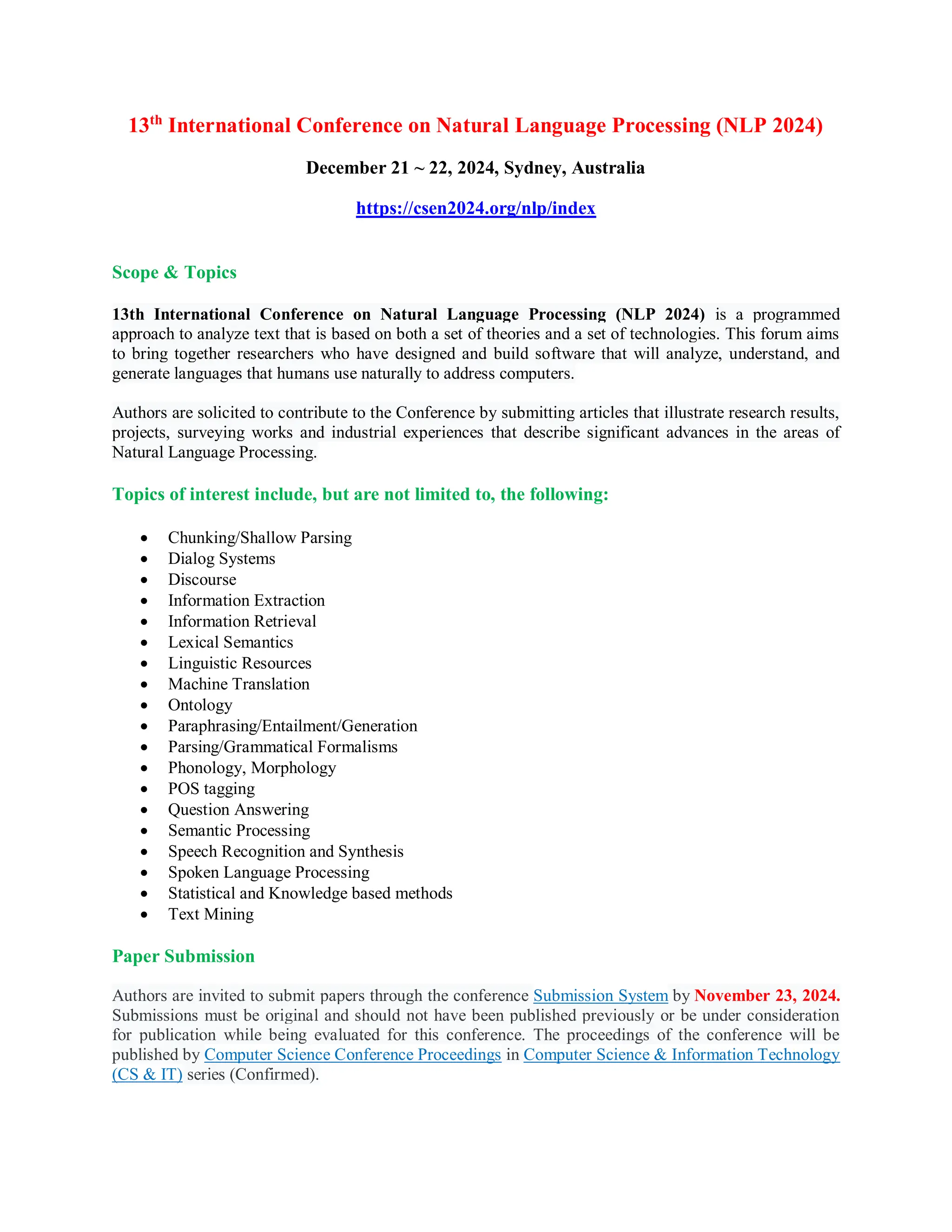 13th International Conference on Natural Language Processing (NLP 2024) | PDF