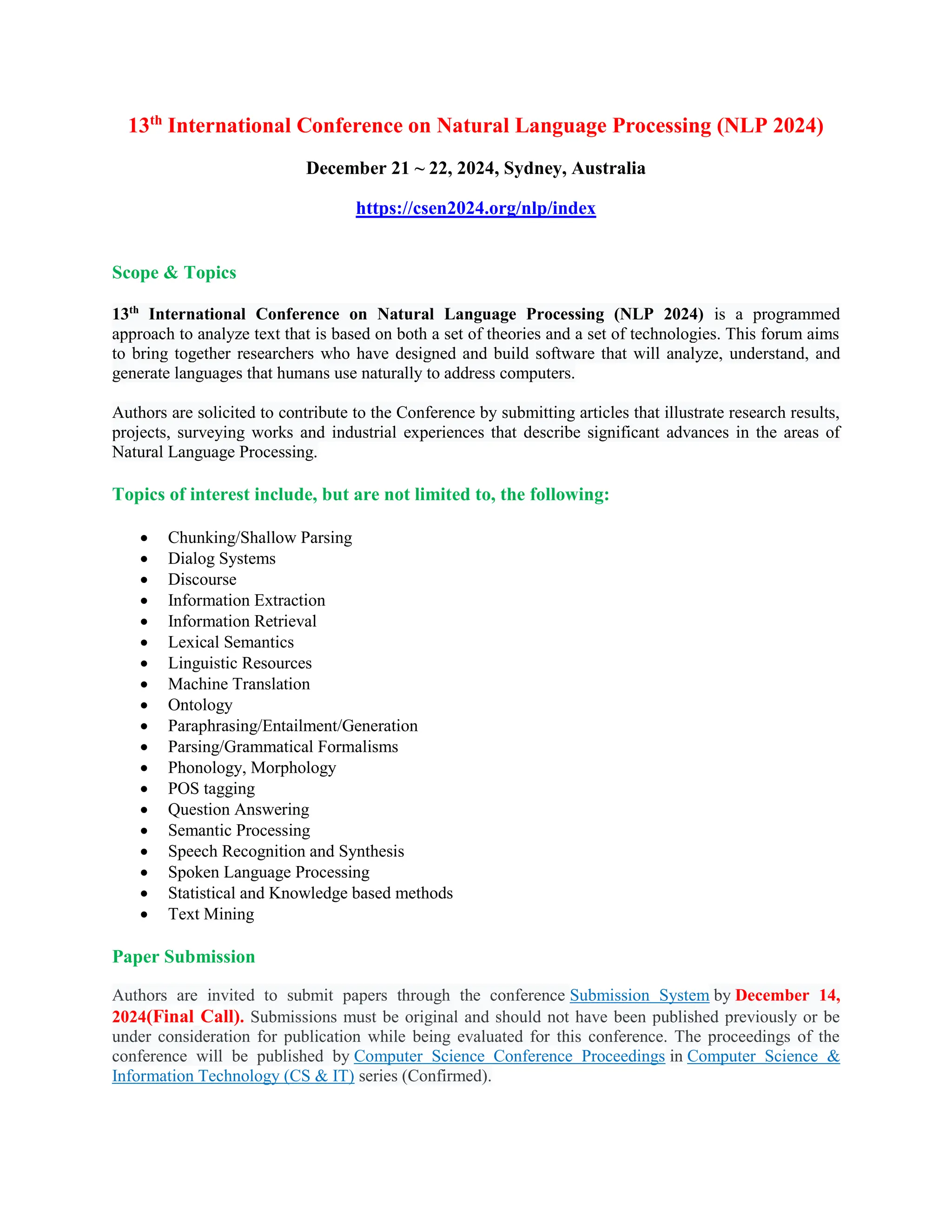 13th International Conference on Natural Language Processing (NLP 2024) | PDF