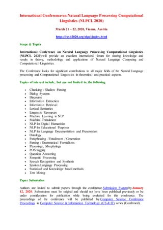 International Conference on Natural Language Processing Computational Linguistics (NLPCL 2020) | PDF