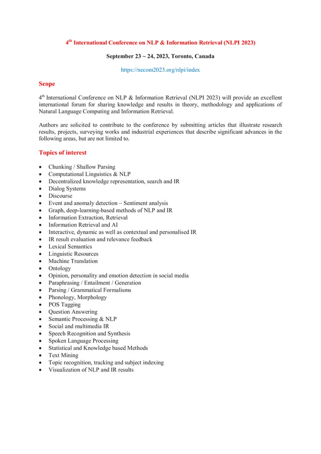 4 th International Conference on NLP & Information Retrieval (NLPI 2023 ...