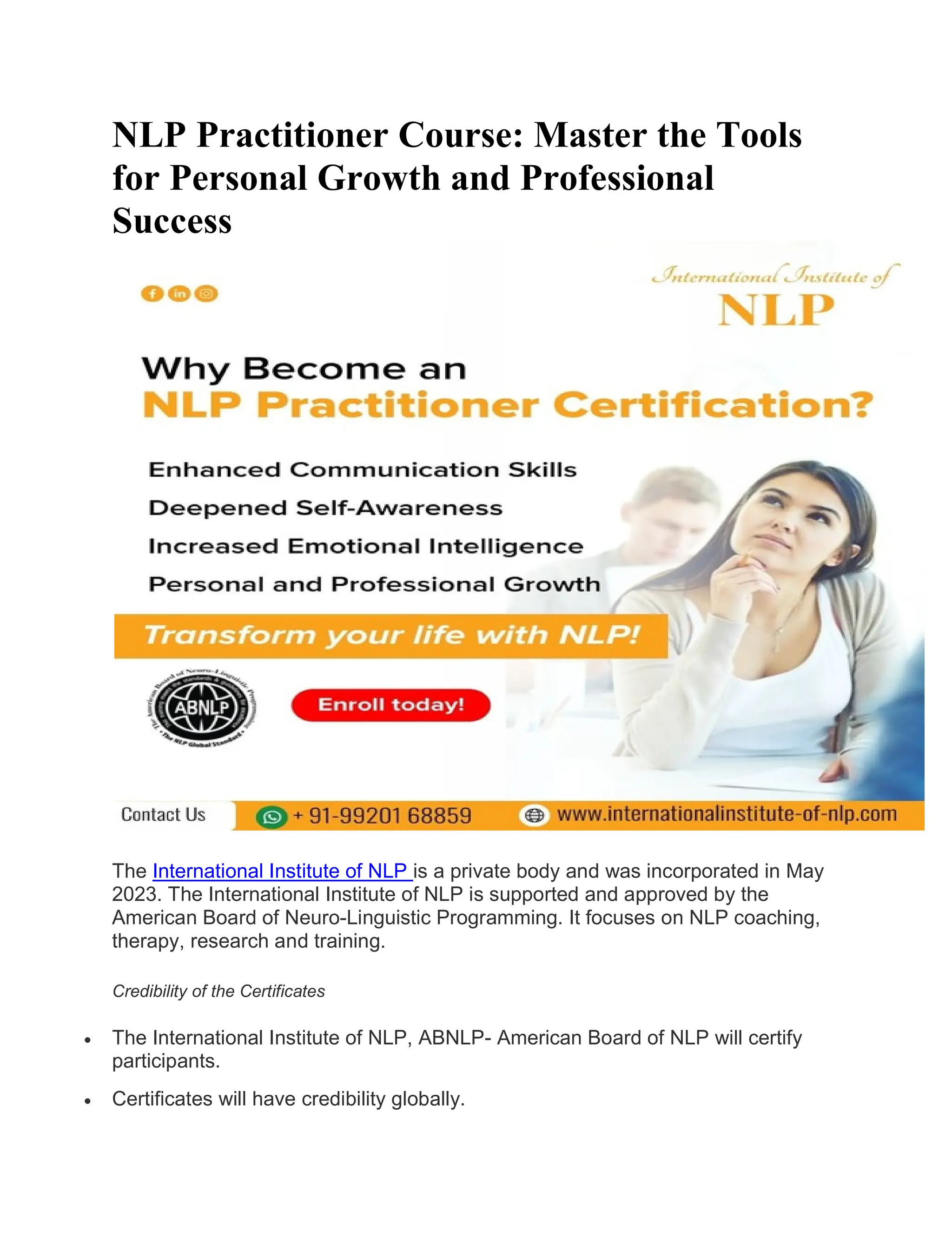 NLP Practitioner Course: Master the Tool | PDF