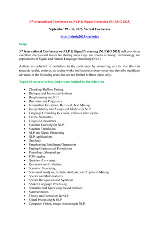 3rd International Conference on NLP & Signal Processing (NLPSIG 2025) | PDF