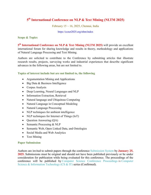 CFP - 5th International Conference on NLP & Text Mining (NLTM 2025) | PDF