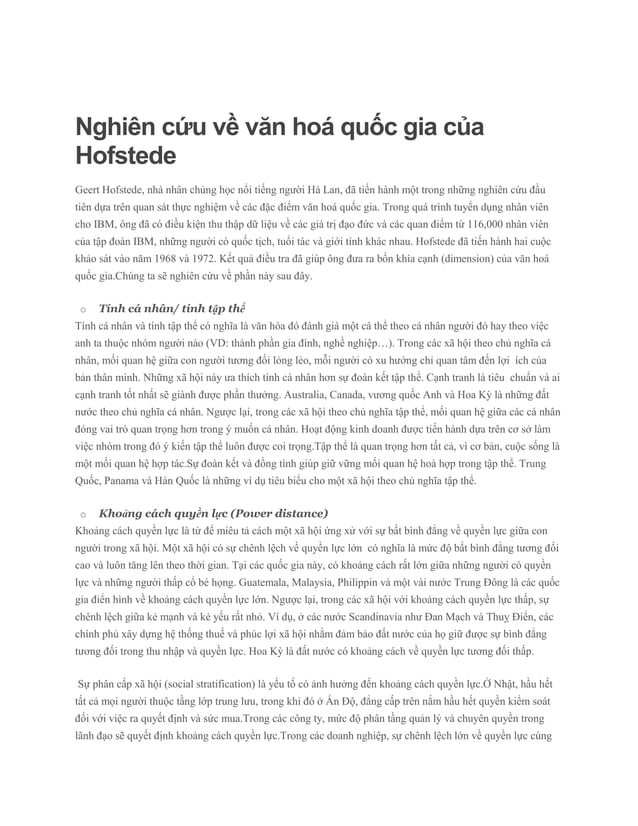 Năm chiều văn hóa hofstede và đánh giá về việt nam | DOCX