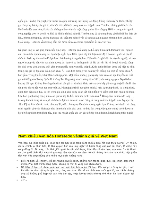 Năm chiều văn hóa hofstede và đánh giá về việt nam | DOCX