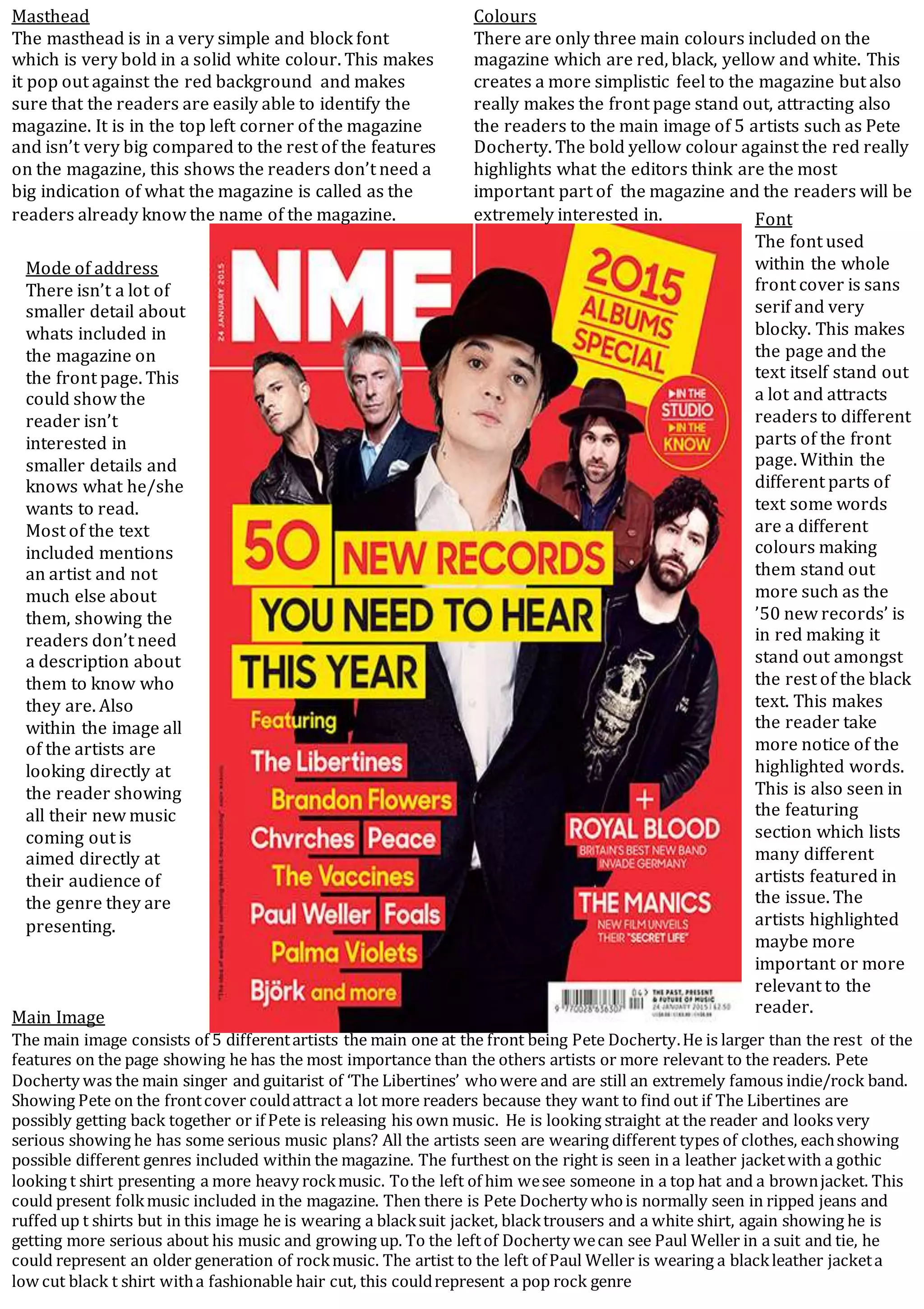 Nme front cover analysis | DOCX | Adult Contemporary Music | Music
