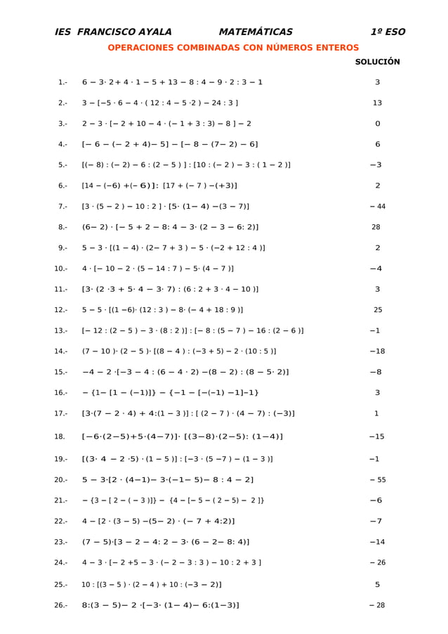 EJERCICIOS DE OPERACIONES COMBINADAS CON NÚMEROS ENTEROS | PDF | Music | Entertainment