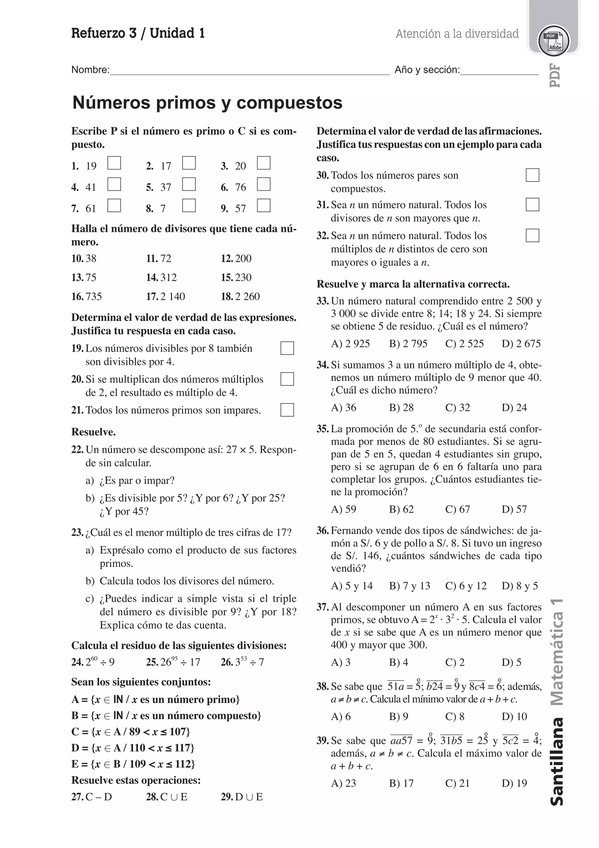 Hojas De Trabajo De Números Compuestos Y Primos