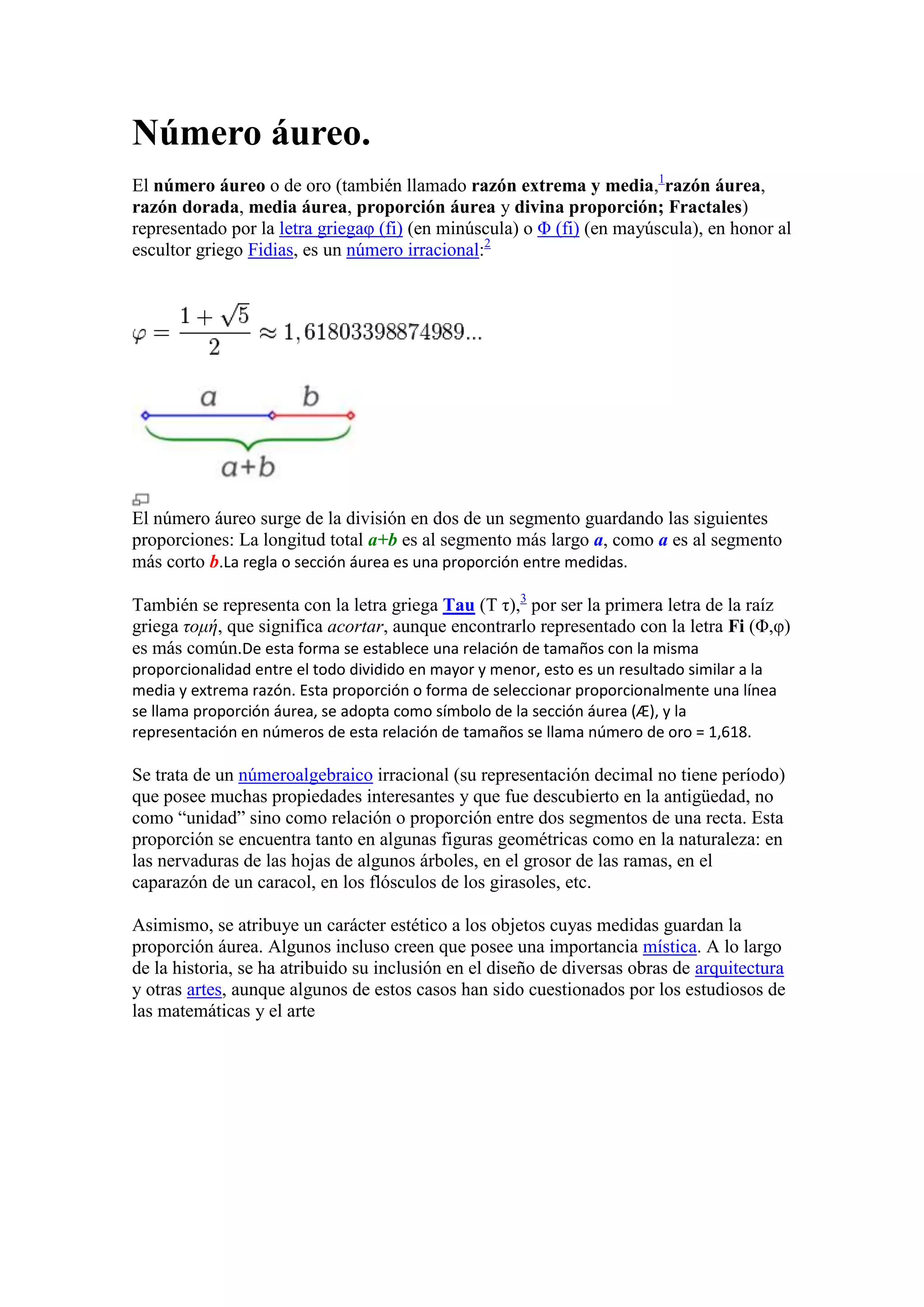 Número áureo, sección aúrea y rectángulo de oro. | DOCX