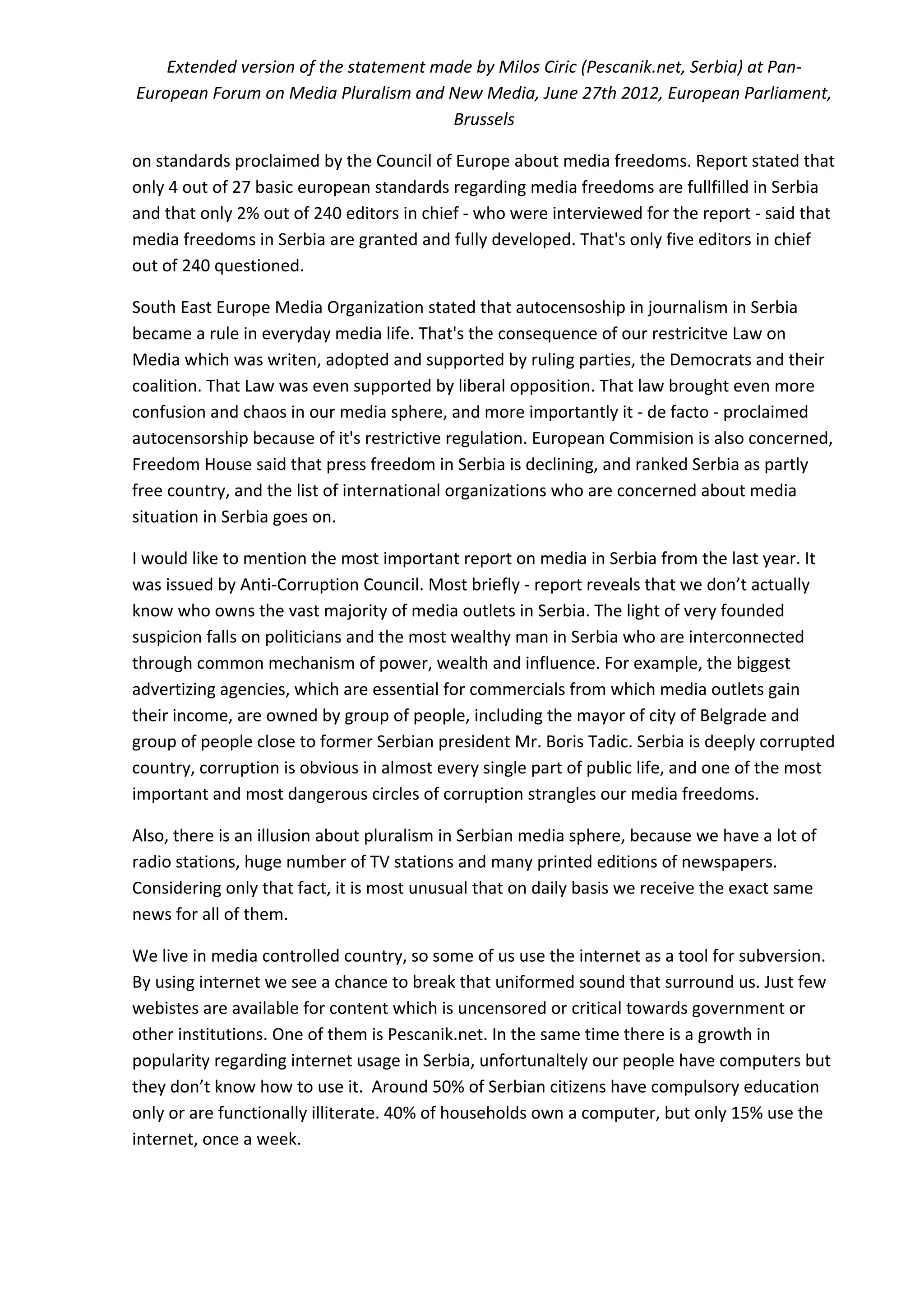 Speech by Milos Ciric | PDF