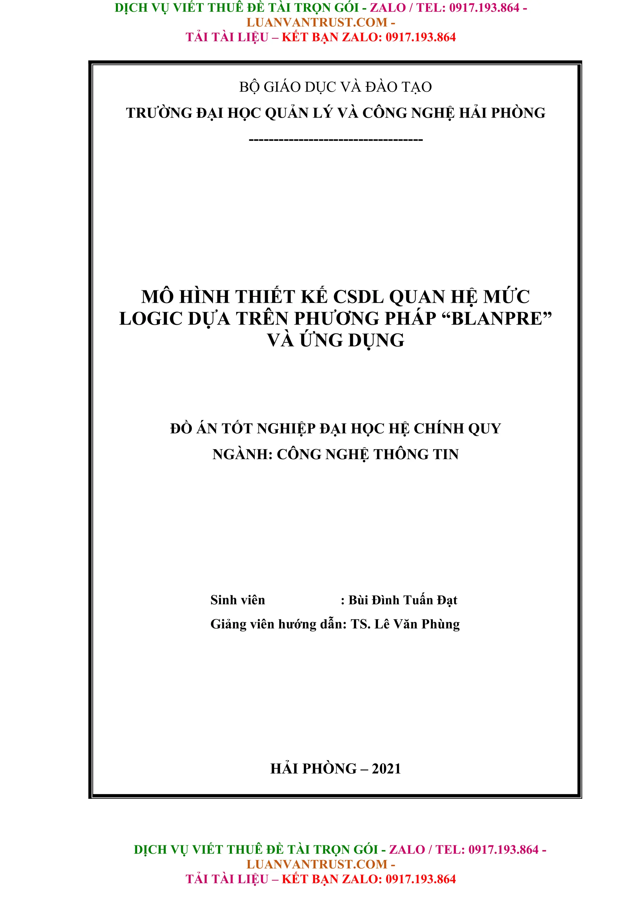 Đồ Án Mô Hình Thiết Kế Csdl Quan Hệ Mức Logic Dựa Trên Phương Pháp “Blanpre” Và Ứng Dụng.doc