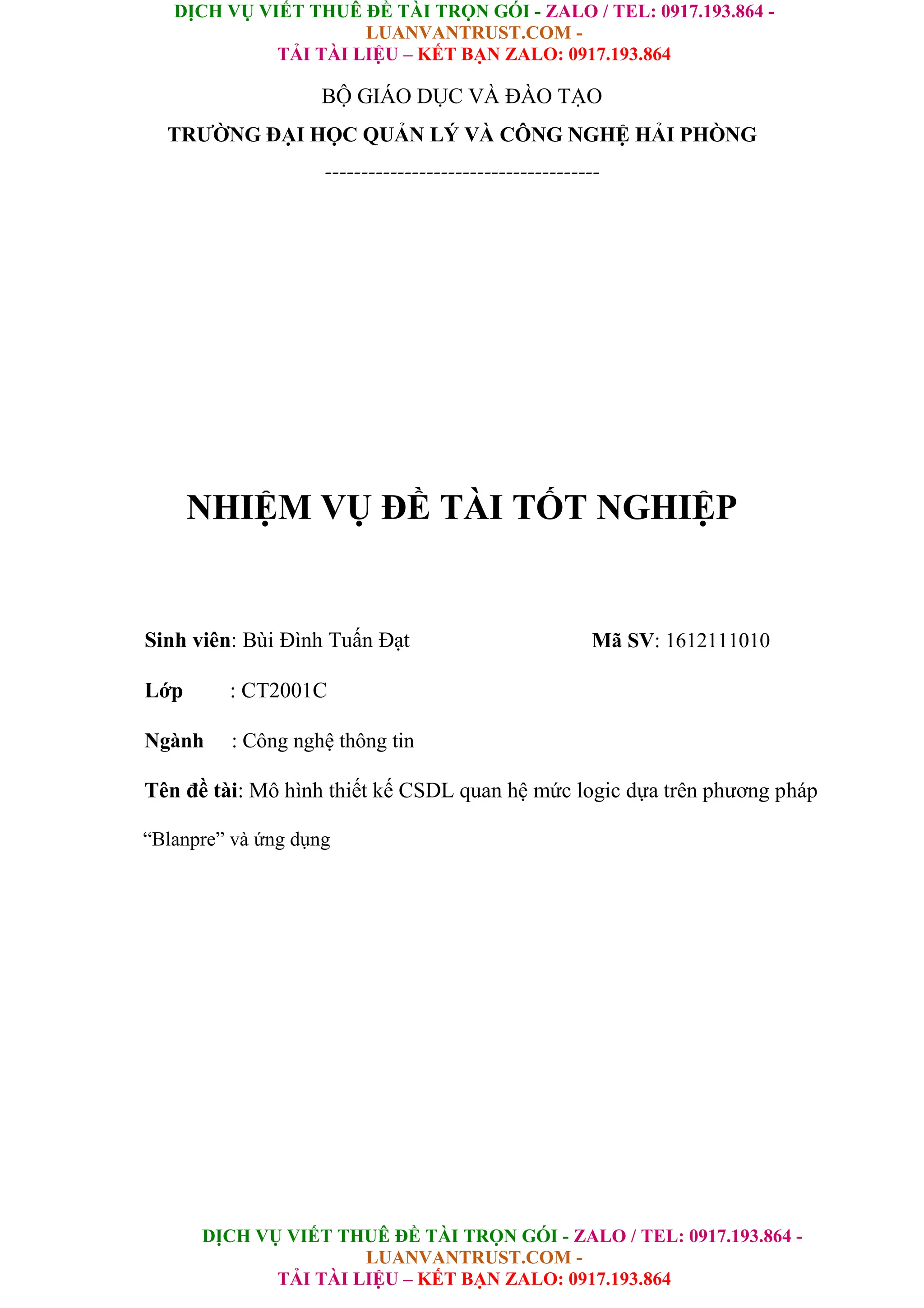 Đồ Án Mô Hình Thiết Kế Csdl Quan Hệ Mức Logic Dựa Trên Phương Pháp “Blanpre” Và Ứng Dụng.doc