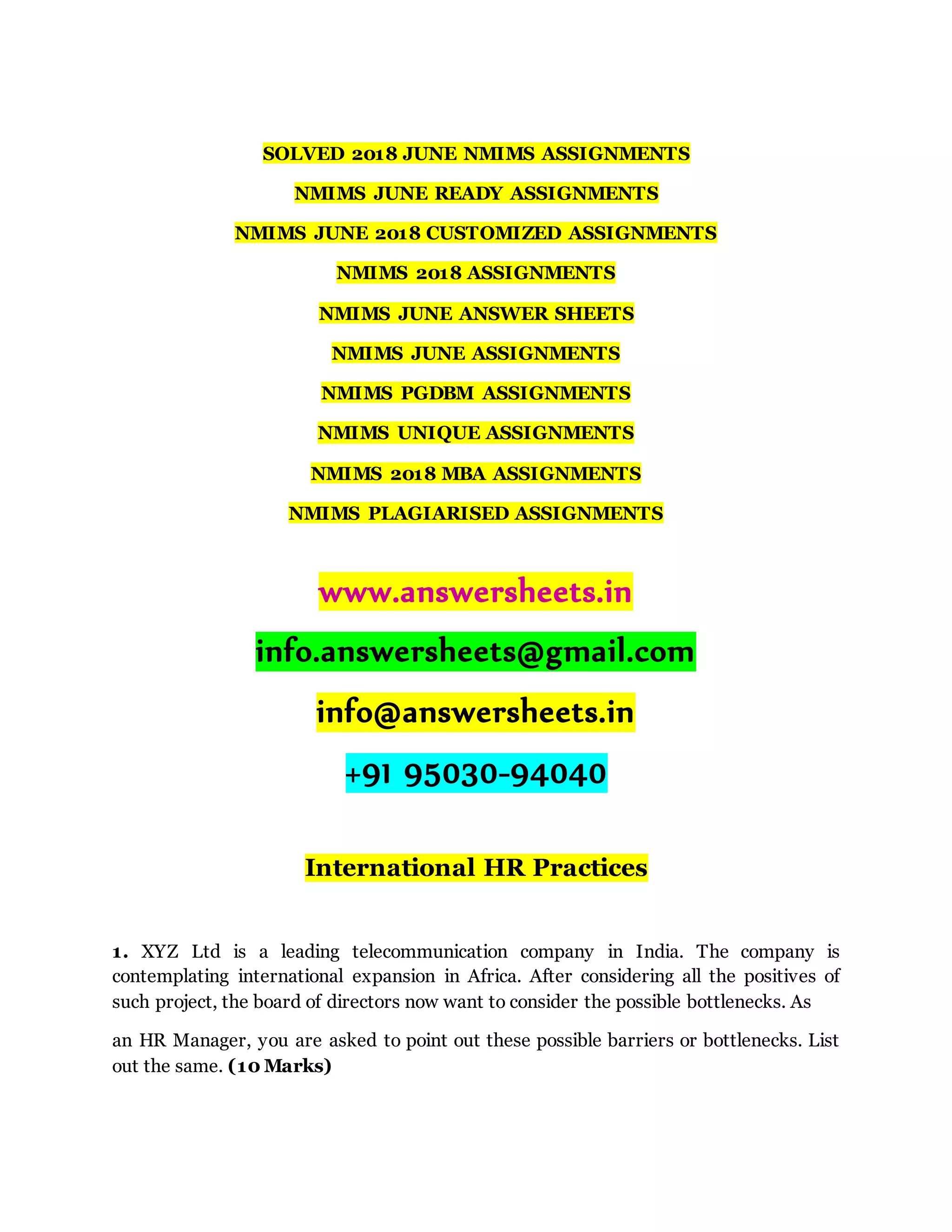 Nmims june answer sheets xyz ltd is a leading telecommunication company in india | PDF