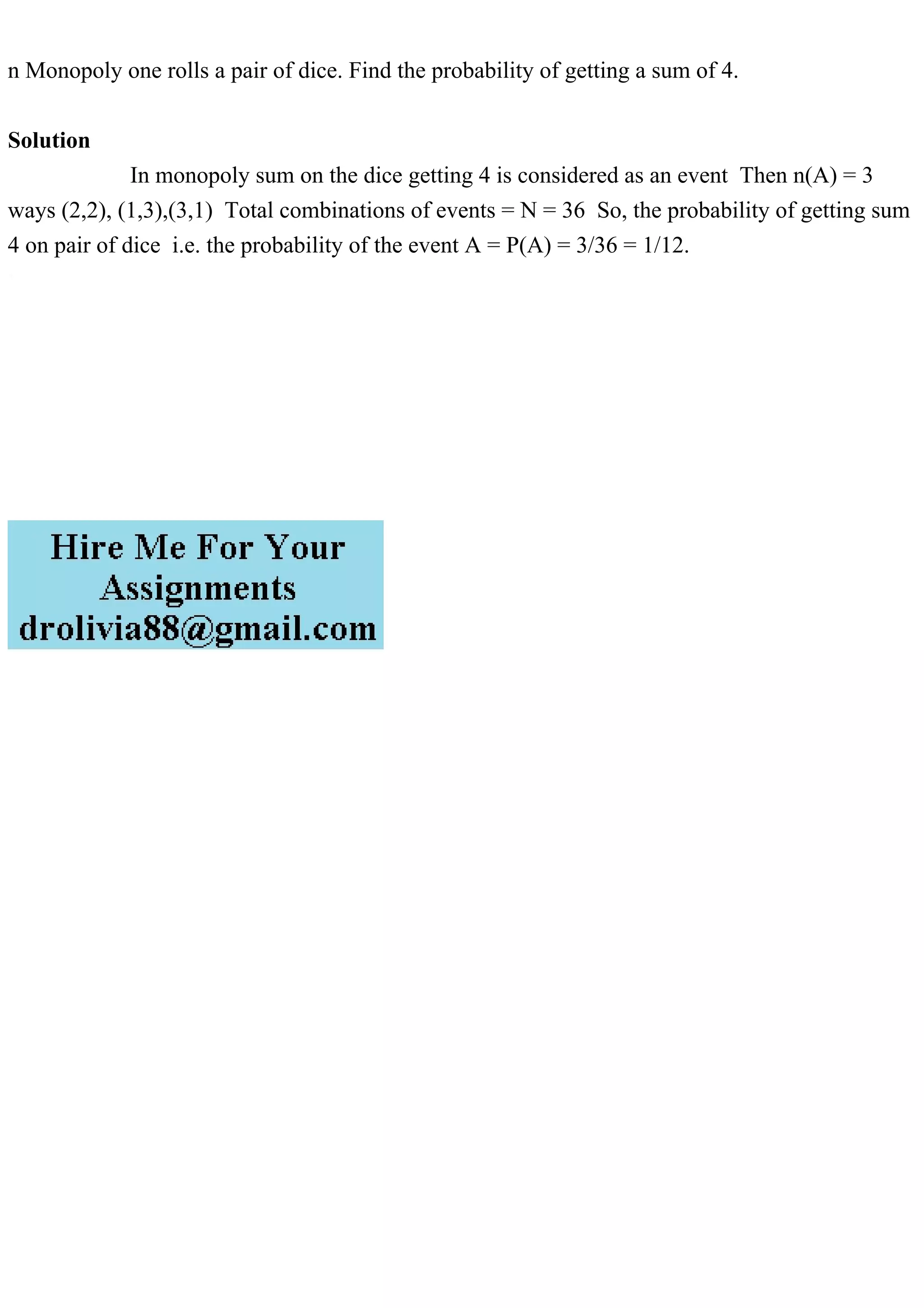 n Monopoly one rolls a pair of dice. Find the probability of getting.pdf