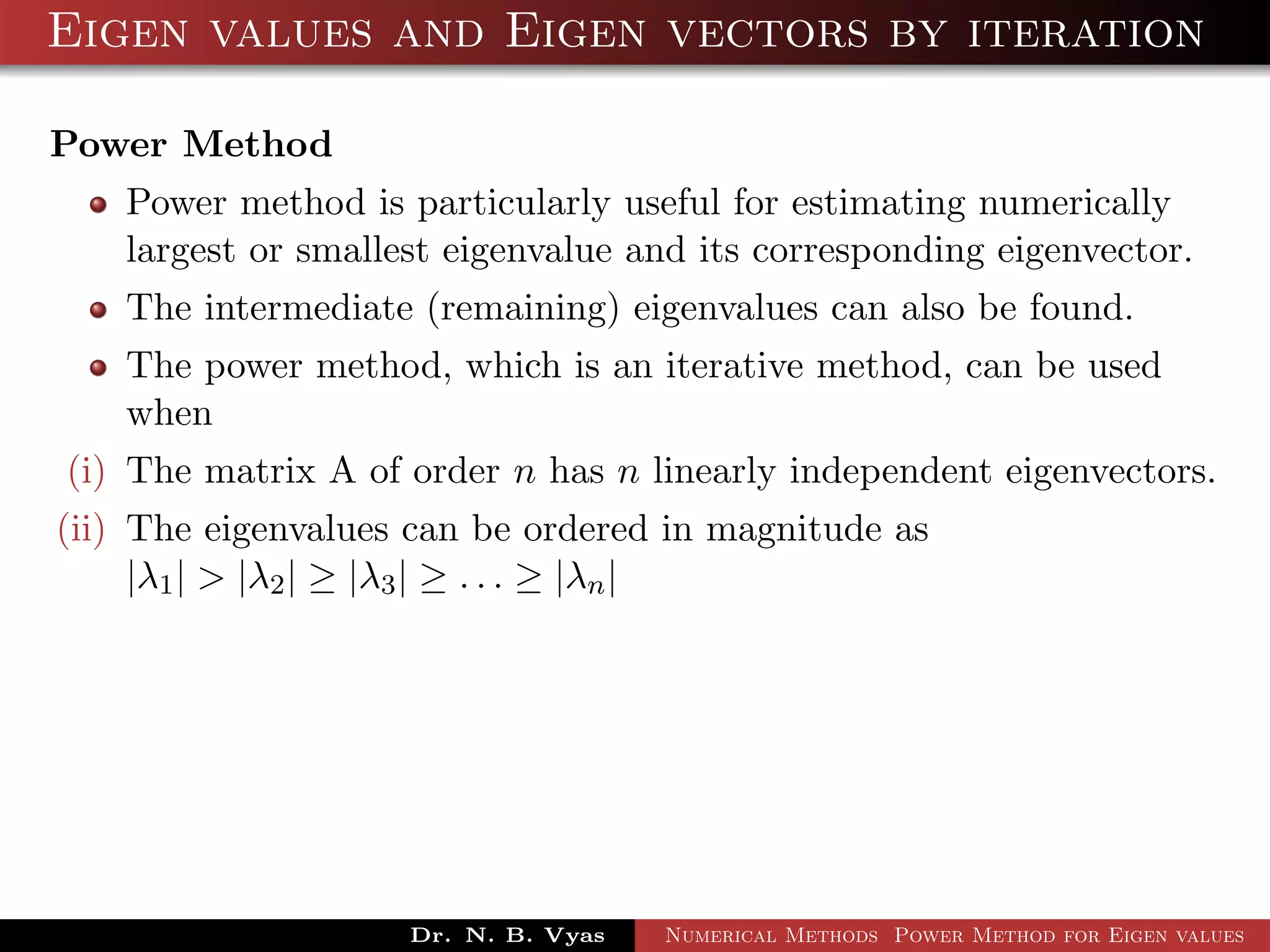 Numerical Methods - Power Method for Eigen values | PDF