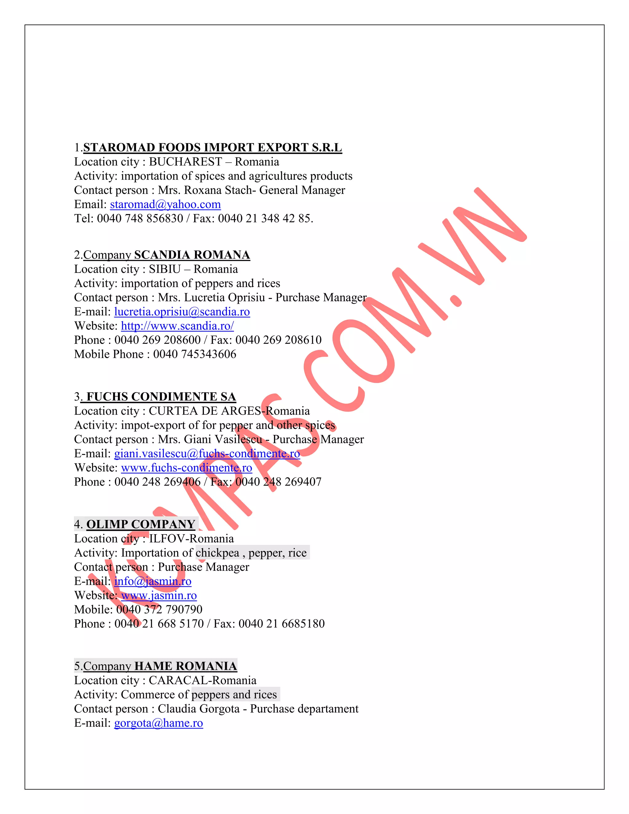 Danh Sach Mot So Doanh Nghiep Tai Rumani Chuyen Ve Nhap Khau Nong San | PDF