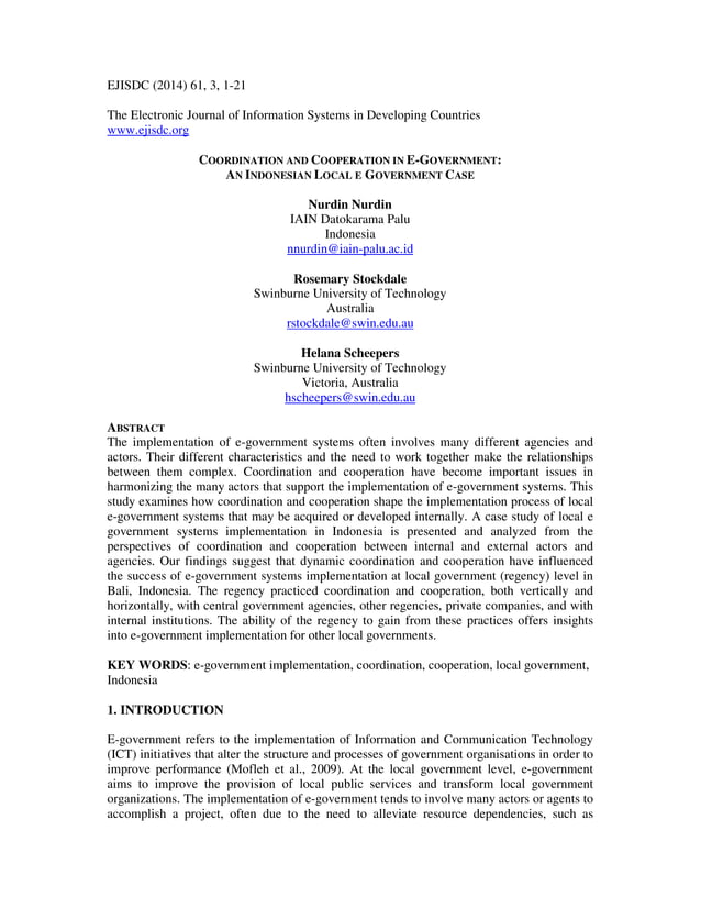 COORDINATION AND COOPERATION IN E-GOVERNMENT: AN INDONESIAN LOCAL E GOVERNMENT CASENnurdinejisdc ...