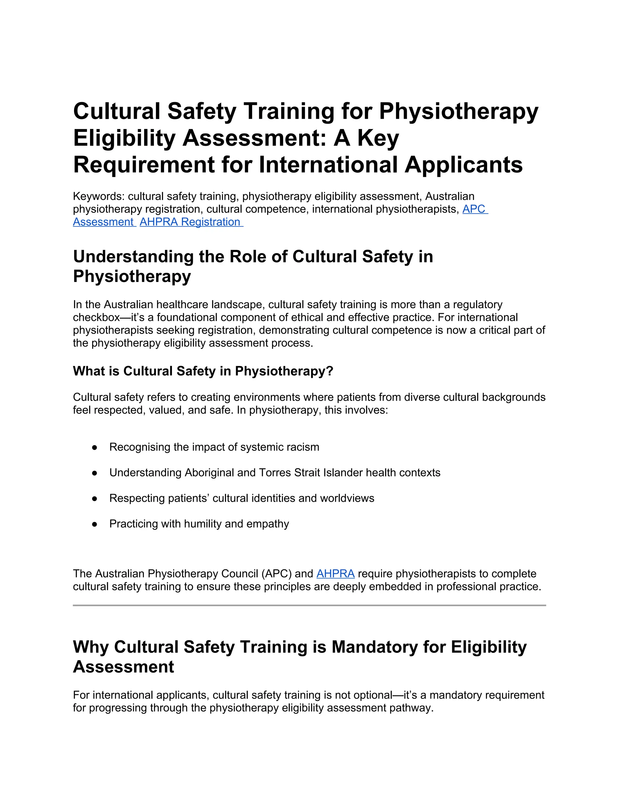 Cultural Safety Training for Physiotherapy Eligibility Assessment:A Key ...
