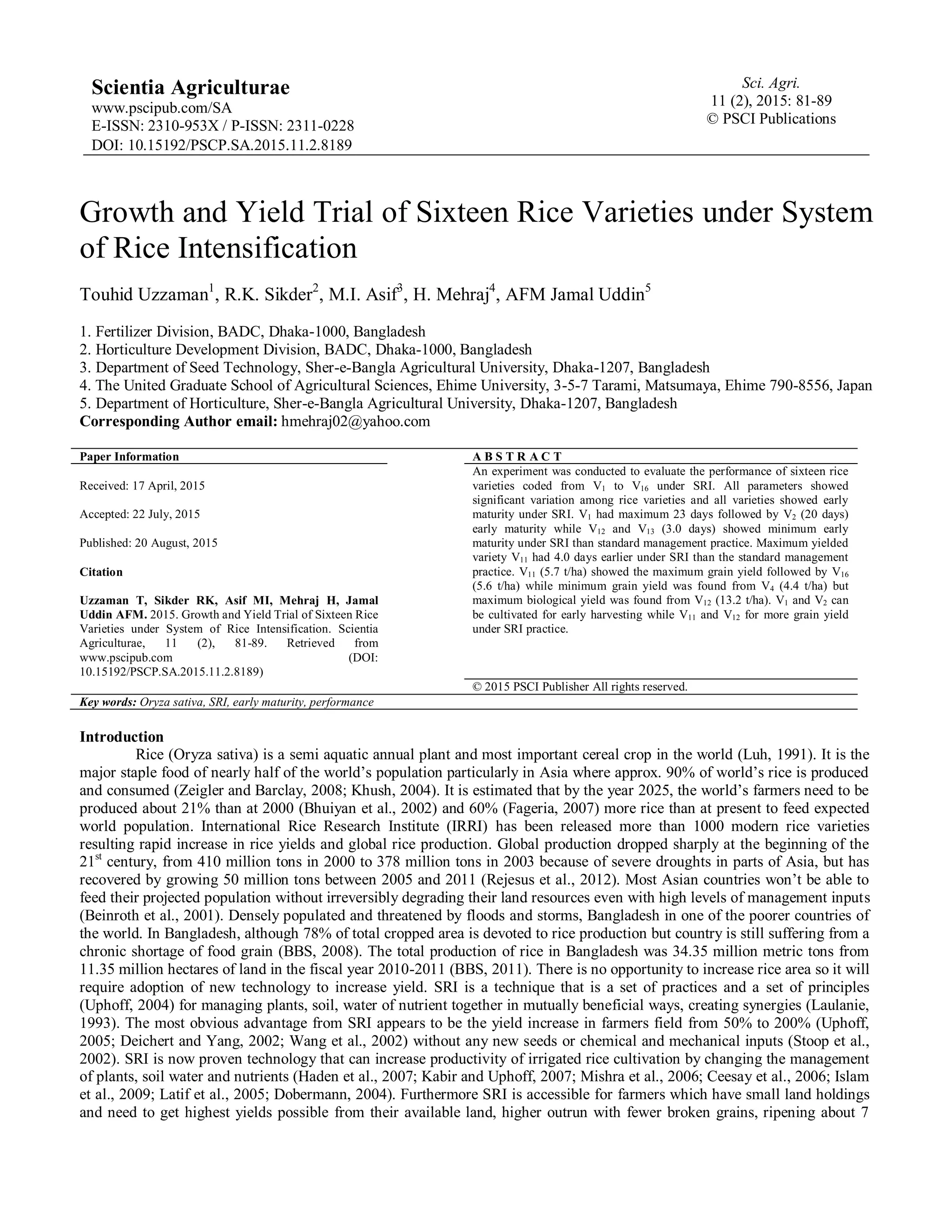No 10. growth and yield trial of 16 rice varieties under system of rice ...