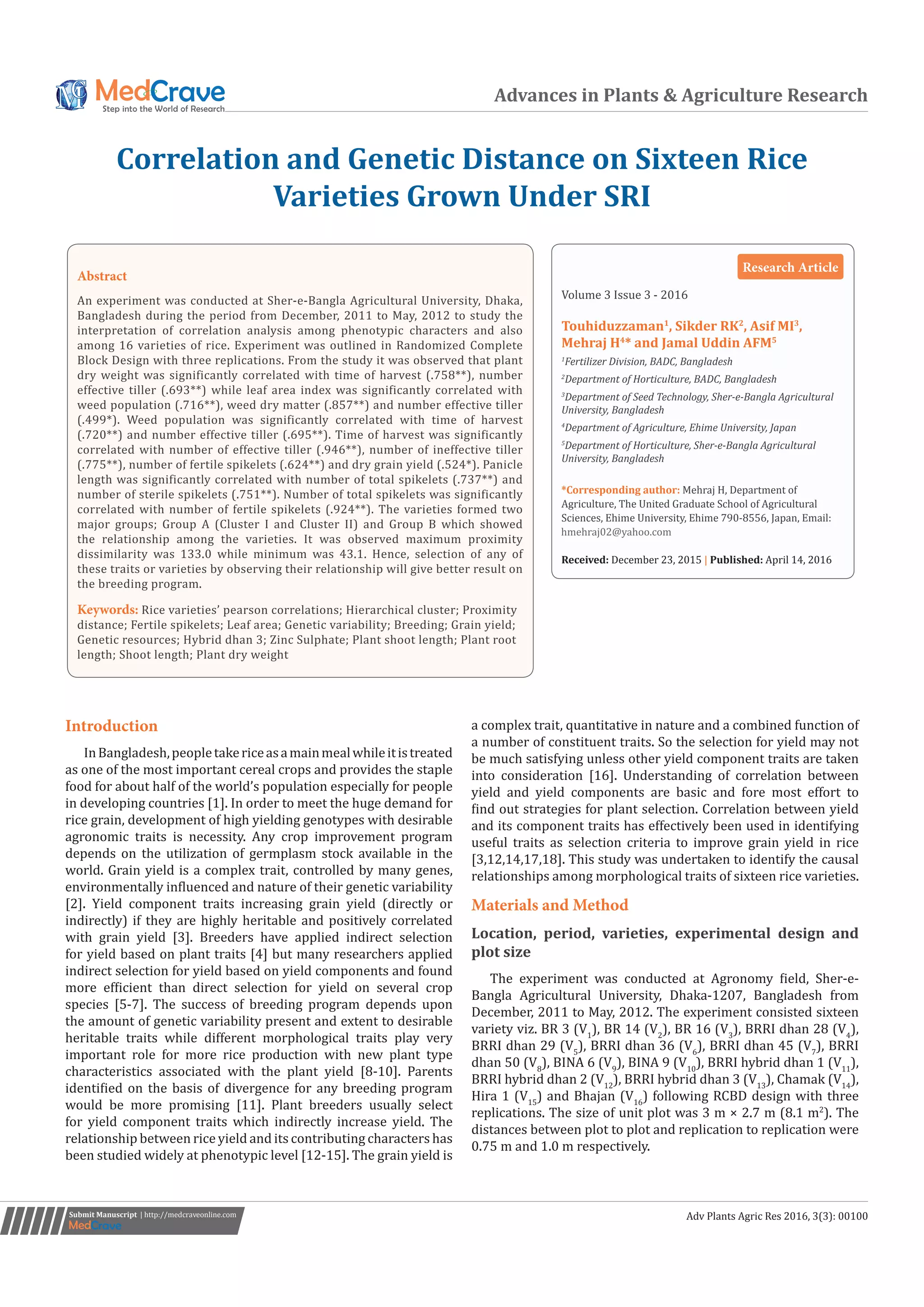 No 15. correlation and genetic distance on sixteen rice varieties grown ...