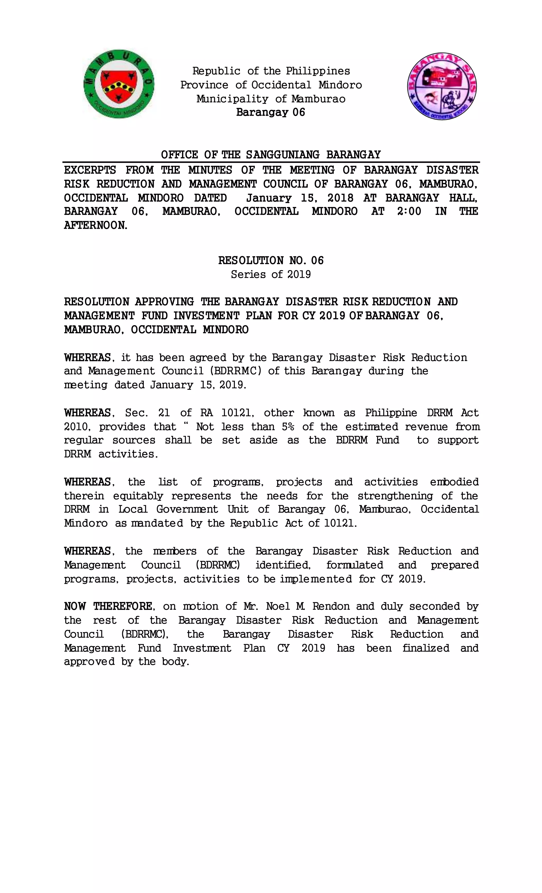 Brgy. 6 Mamburao RESOLUTION NO. 6 SERIES OF 2019 | DOCX