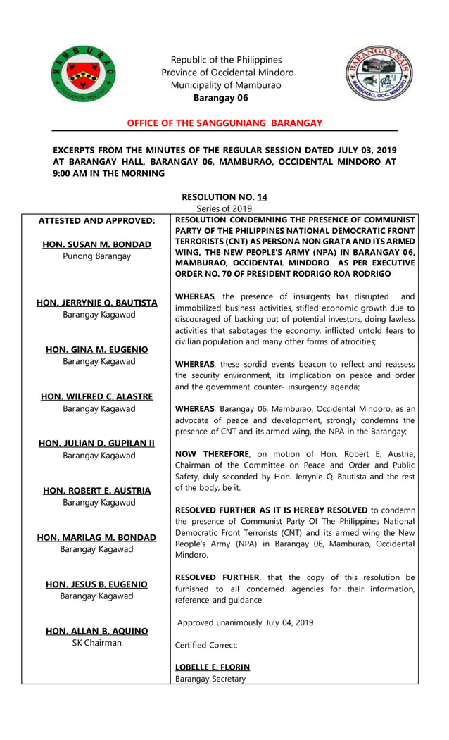 BRGY. 6 RESOLUTION NO. 14 Series of 2019 DECLARING NPA AS PERSONA NON ...
