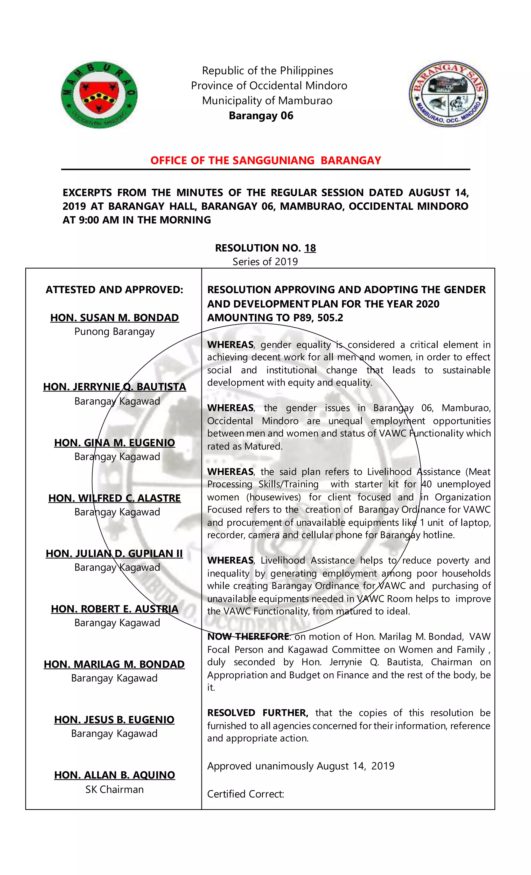 BRGY. 6 RESOLUTION NO. 18 SERIES OF 2019 ADOPTION OF 2020 GAD PLAN | DOCX