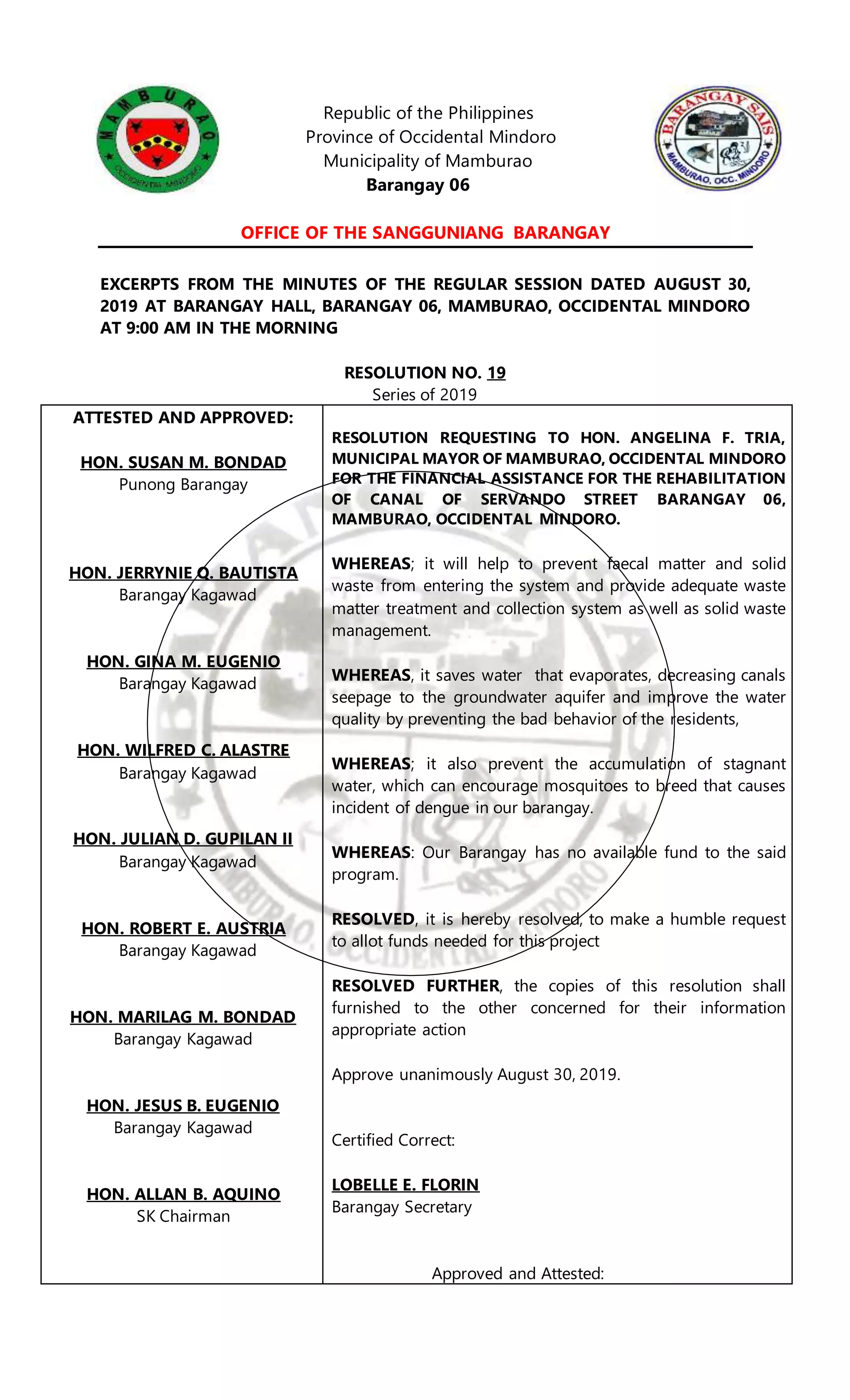 BRGY. 6 RESOLUTION NO. 19 Series of 2019 REHABILITATION OF CANAL | DOCX