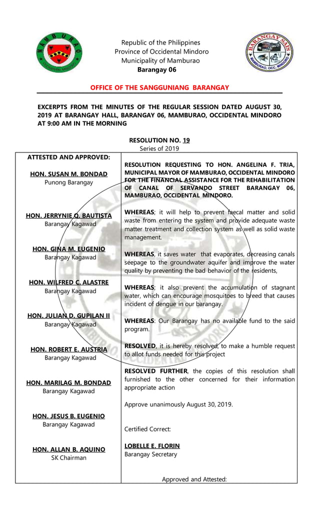 BRGY. 6 RESOLUTION NO. 19 Series of 2019 REHABILITATION OF CANAL | DOCX