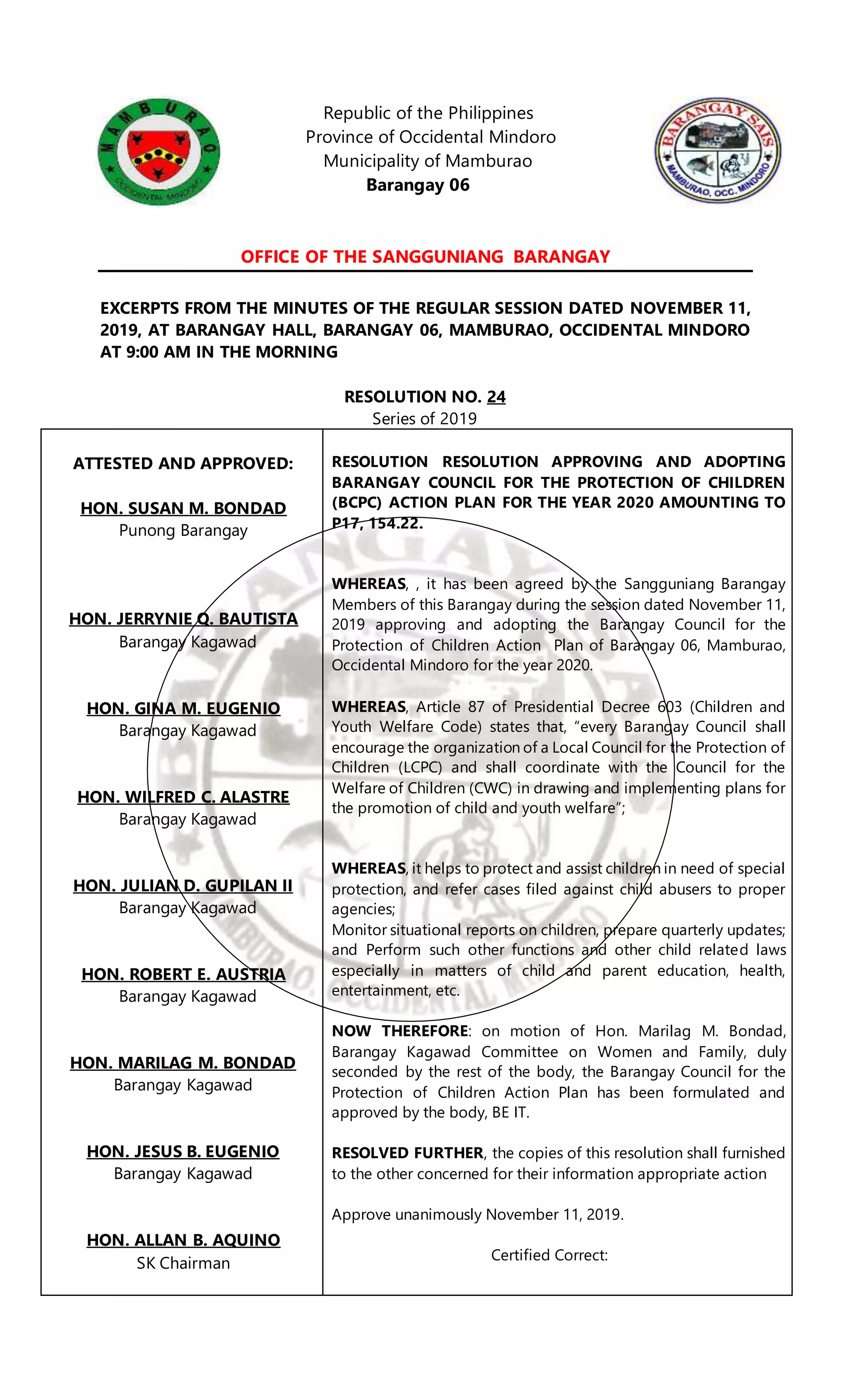 BRGY. 6 RESOLUTION NO. 24 Series of 2019 PROTECTION OF CHILDREN PLAN | DOCX