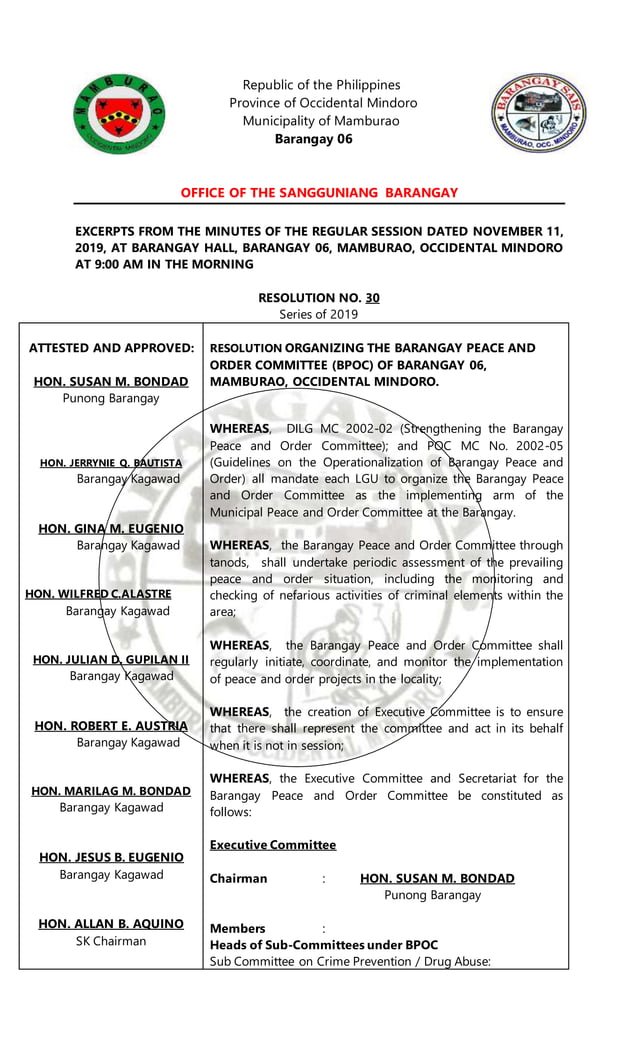BRGY. 6 RESOLUTION NO. 30 Series of 2019 BARANGAY PEACE AND ORDER ...