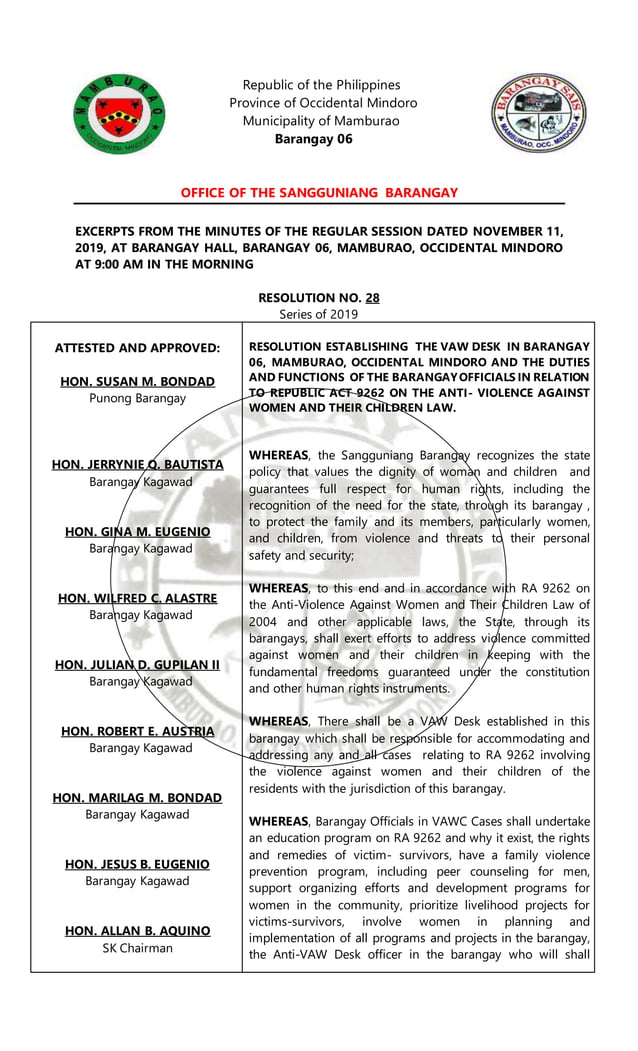 BRGY. 6 RESOLUTION NO. 28 Series of 2019 VAWC | DOCX | Law