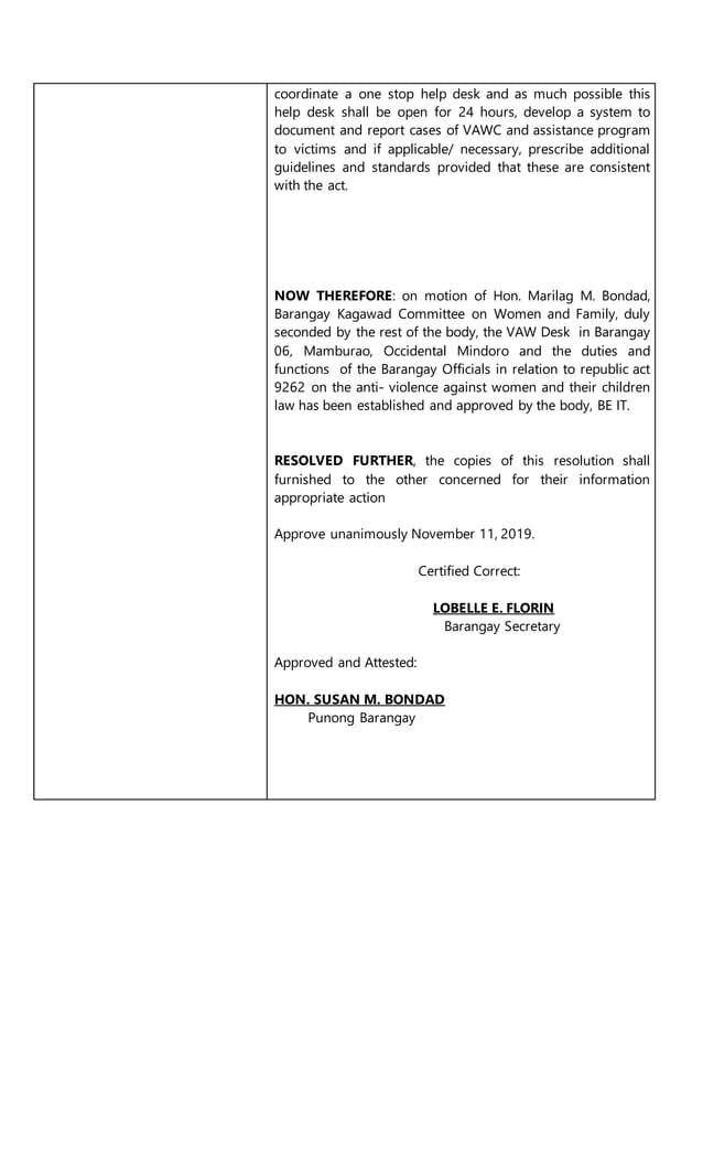 BRGY. 6 RESOLUTION NO. 28 Series of 2019 VAWC | DOCX | Law
