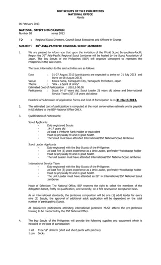 No memo-no-08-s-2013-30th-asia-pacific-regional-scout-jamboree | PDF