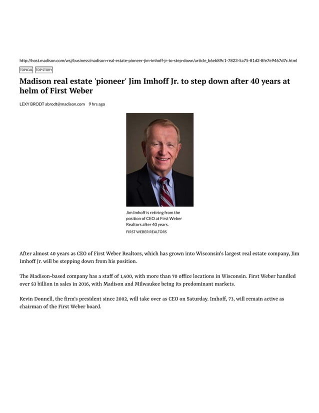 Madison real estate "pioneer' Jim Imhoff to step down after 40 years at ...
