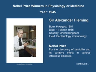 Nobel Prize in Physiology or Medicine (1941 to 1950) – Part 5 | PPTX