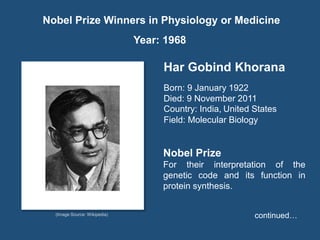 Nobel Prize in Physiology or Medicine (1961 to 1970) – Part 7 | PPTX