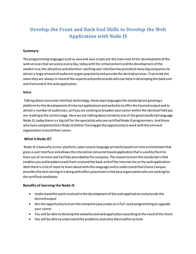 Develop the Front and Back End Skills to Develop the Web Application with Node JS | DOCX