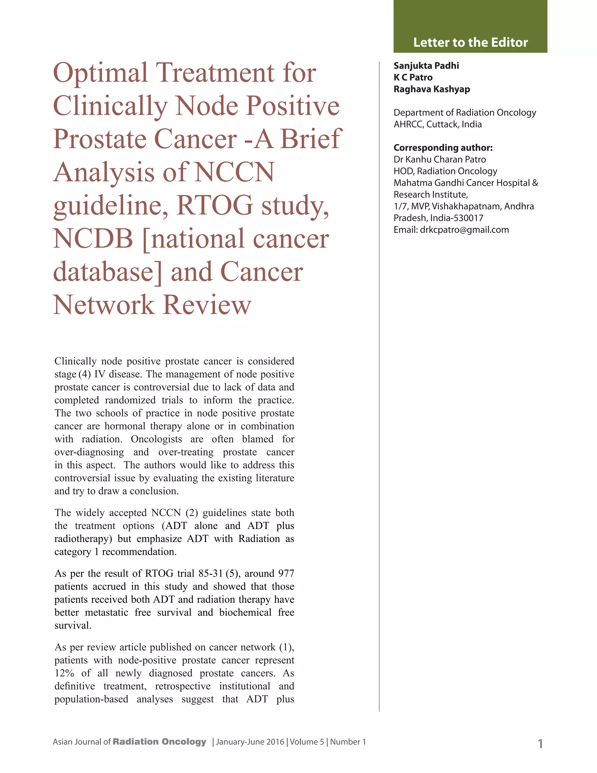 Optimal Treatment for Clinically Node Positive Prostate Cancer -A Brief ...